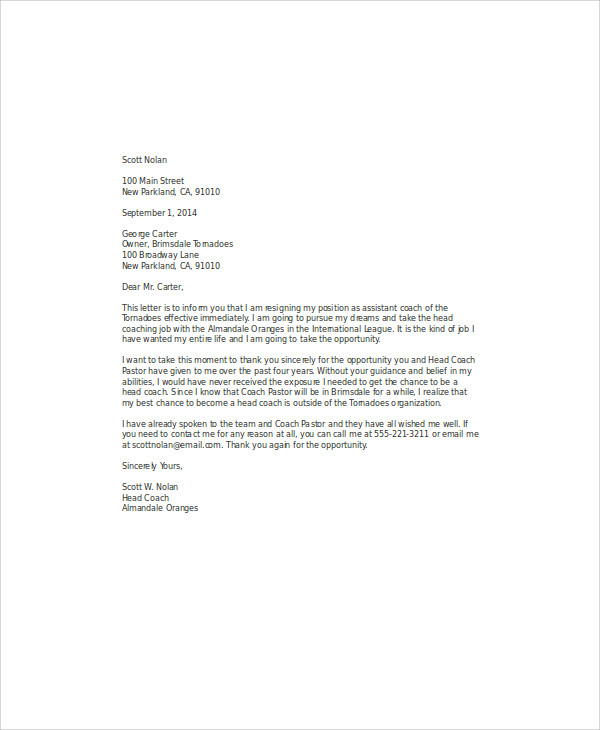 8+ Coach Resignation Letters - Free Sample, Example Format Download
