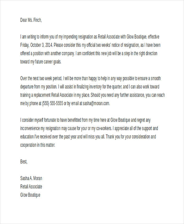 9+ Retail Resignation Letter Template - Sample, Example, Format Download
