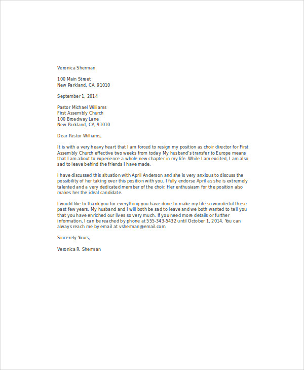15 Church Resignation Letter Template Free Sample Example Format 