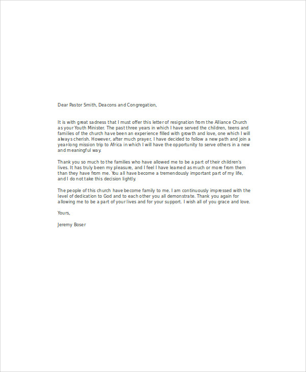 Church Ministry Resignation Letter Sample Sample Resignation Letter