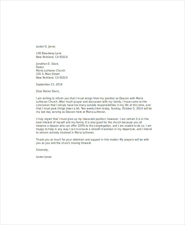 A Letter Of Resignation From Church Sample Resignation Letter