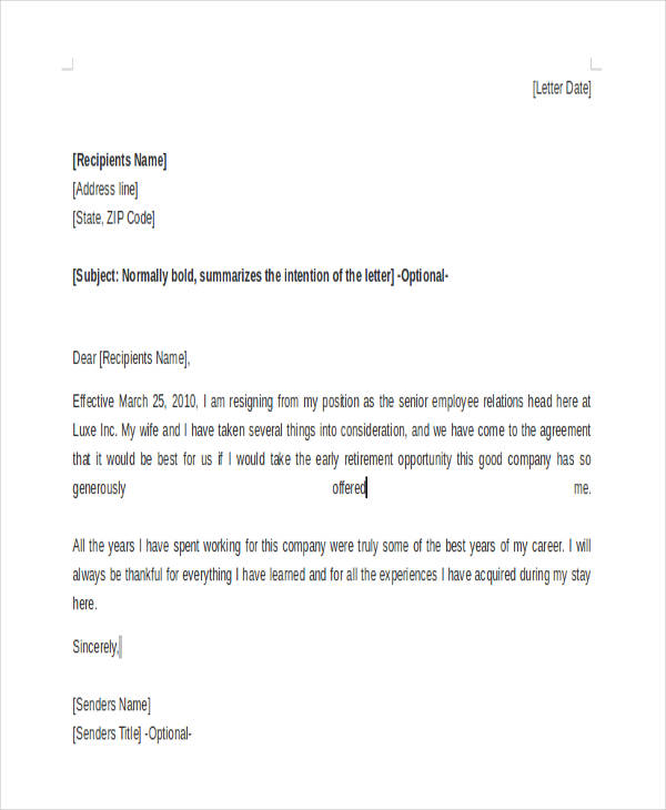 Letter Of Resignation Sample Retirement Sample Resignation Letter