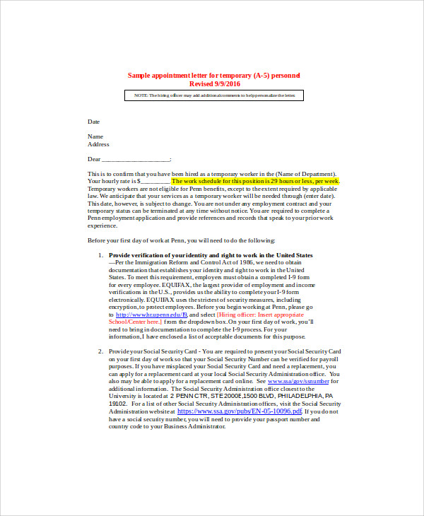 9+ Temporary Appointment Letter Template - Free Sample, Example Format ...