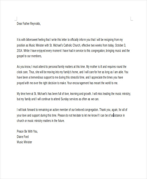 Resignation Letter From Church Ministry Position Free Resume Templates