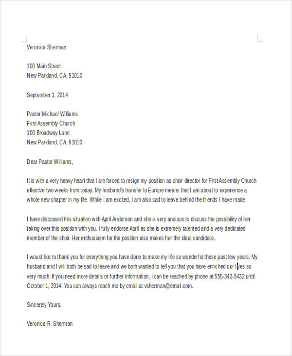 Church Resignation Letter Template - 13+ Word, PDF Document Download