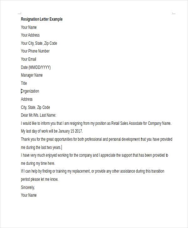 9+ Retail Resignation Letter Template - Sample, Example, Format Download