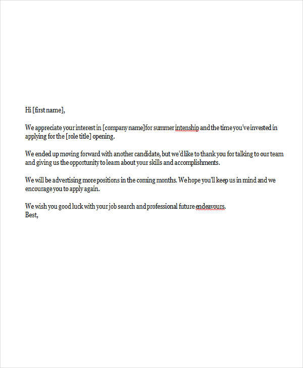 10+ Internship Rejection Letters - Free Sample, Example Format Download