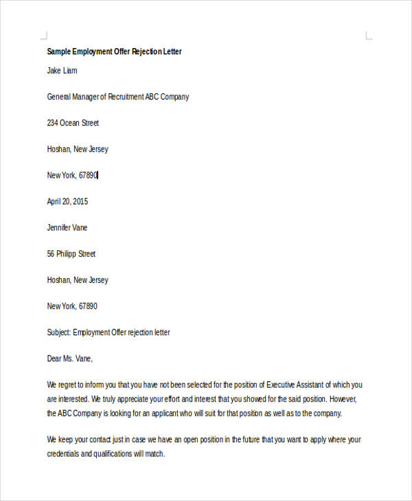 Offer Rejection Letters - 10+ Free Sample, Example Format Download