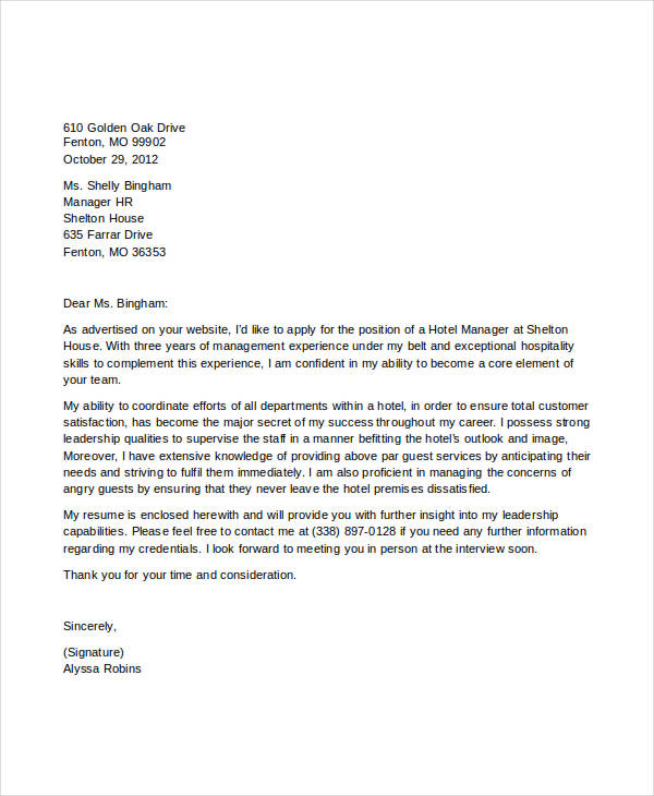 Application Letter For Hotel Manager Position