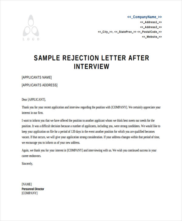 10 Applicant Rejection Letters Free Sample Example Format Download