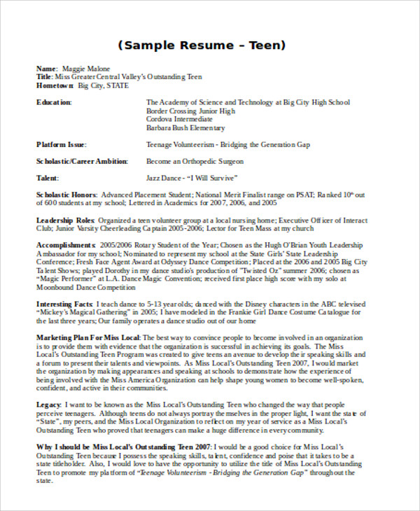17+ Teenage Resume Templates - PDF, DOC