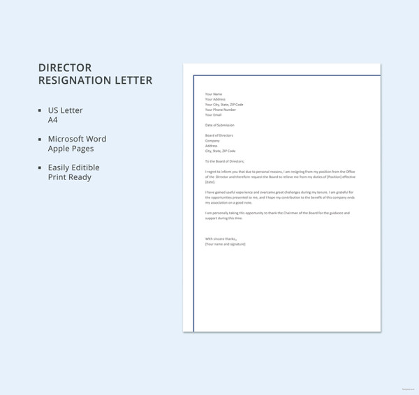 Sample Director Resignation Letters - 14+ Free Sample, Example Format ...