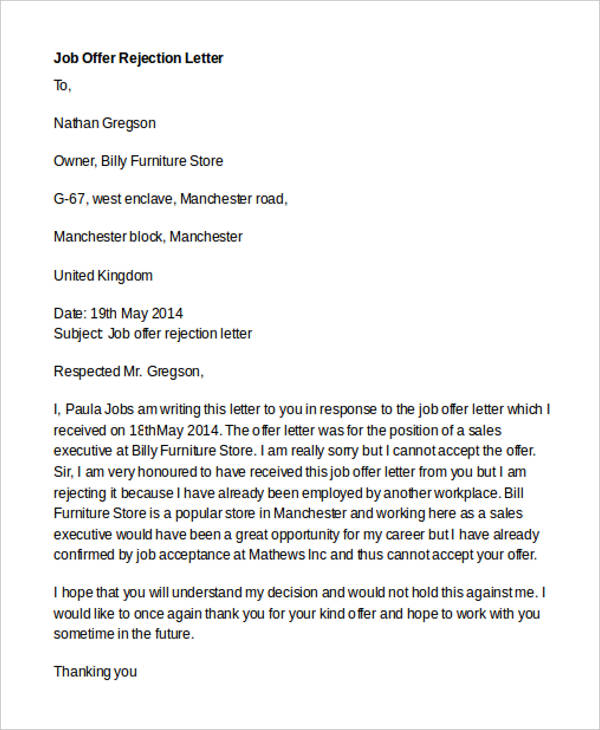 Offer Rejection Letter Templates 8 Free Word PDF Format Download