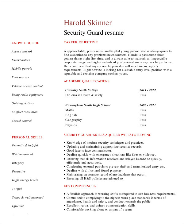 Security Guard Resumes - 16+ Word, PDF Format Download