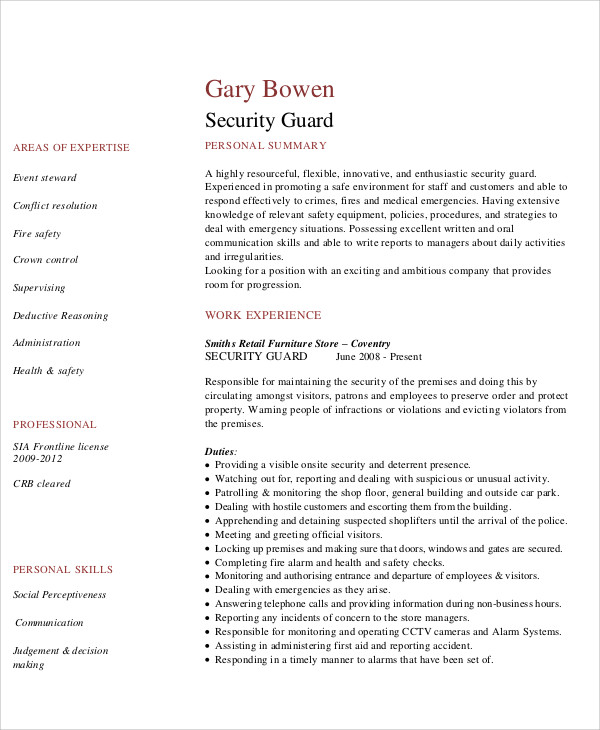Security Guard Resumes - 16+ Word, PDF Format Download
