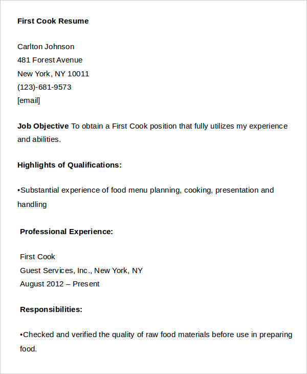 17+ Cook Resumes in Apple Pages | Google Docs | Word | PDF