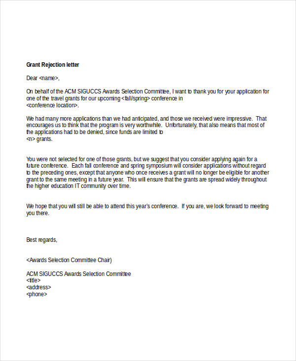 6 Grant Rejection Letters Free Sample Example Format Download