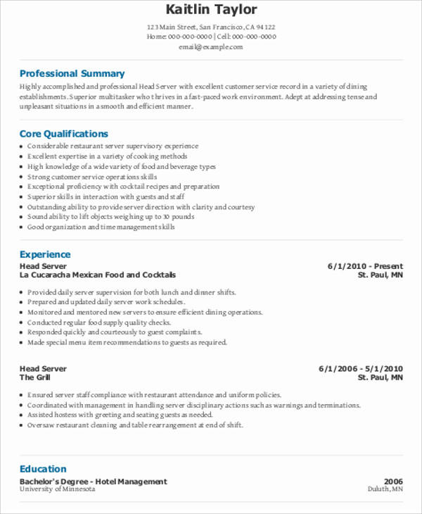 Server Resume Template
