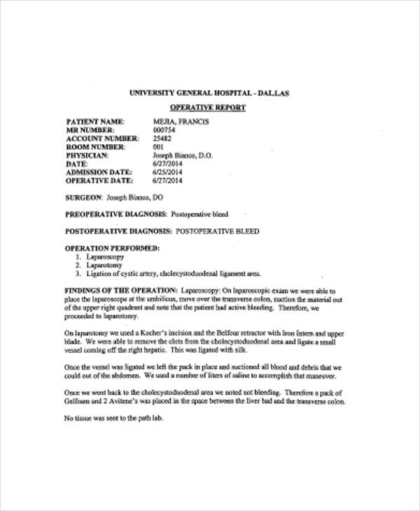 Operative Note Template Operative Note Template