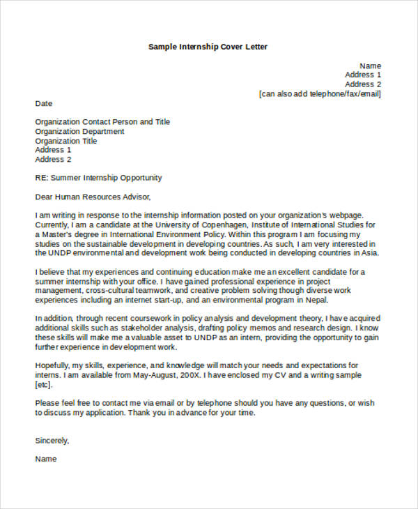 9+ Internship Cover Letter - Free Sample, Example Format Download ...