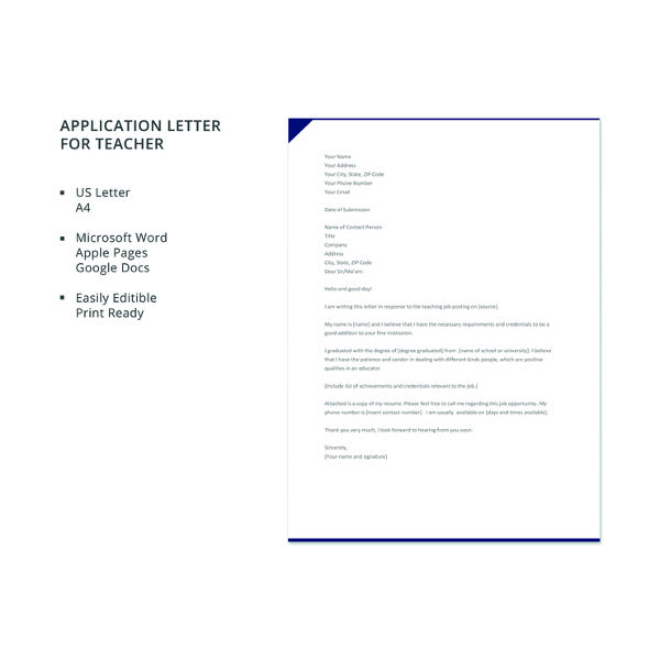 Job Application Letter For Teacher Templates 12 Free Word PDF 