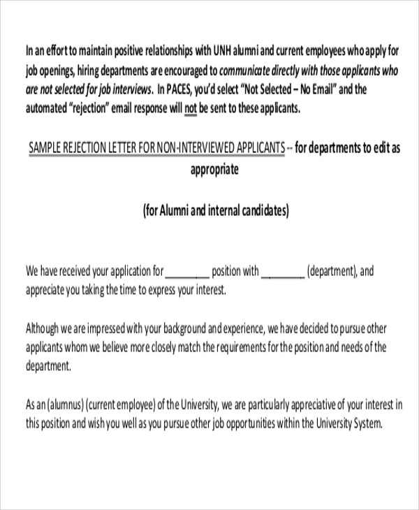 Internal Job Applicant Rejection Letter Sample Onvacationswall