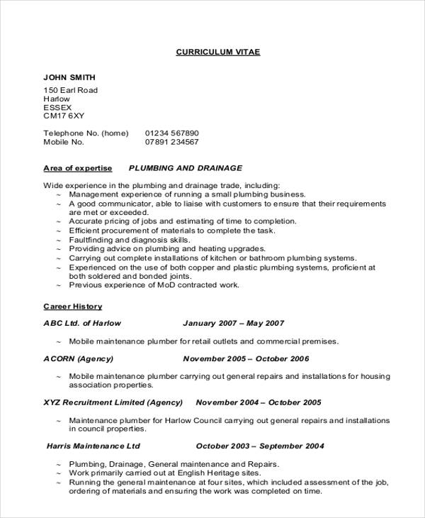 10 Sample Plumber Resume Templates PDF DOC