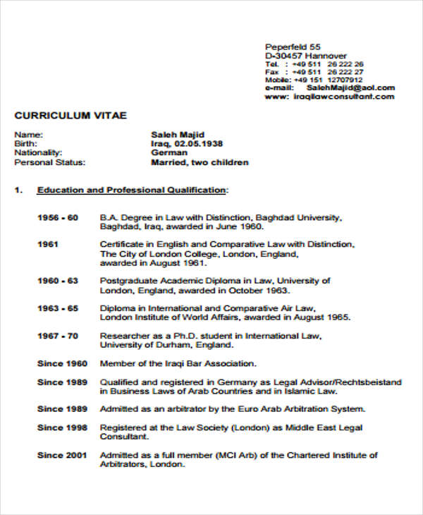 10+ Legal Curriculum Vitae Templates - PDF, DOC