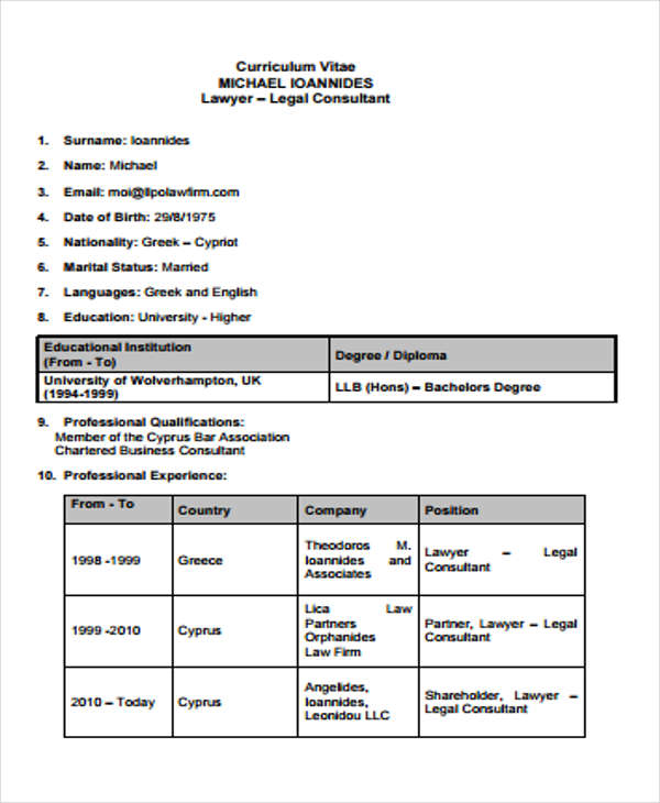 10+ Legal Curriculum Vitae Templates - PDF, DOC