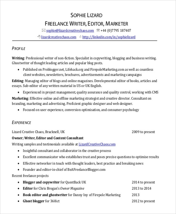 15+ Freelance Resume Samples in Word | Apple Pages | PDF