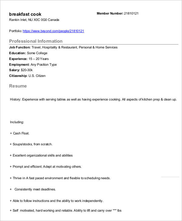 17+ Cook Resumes in Apple Pages | Google Docs | Word | PDF