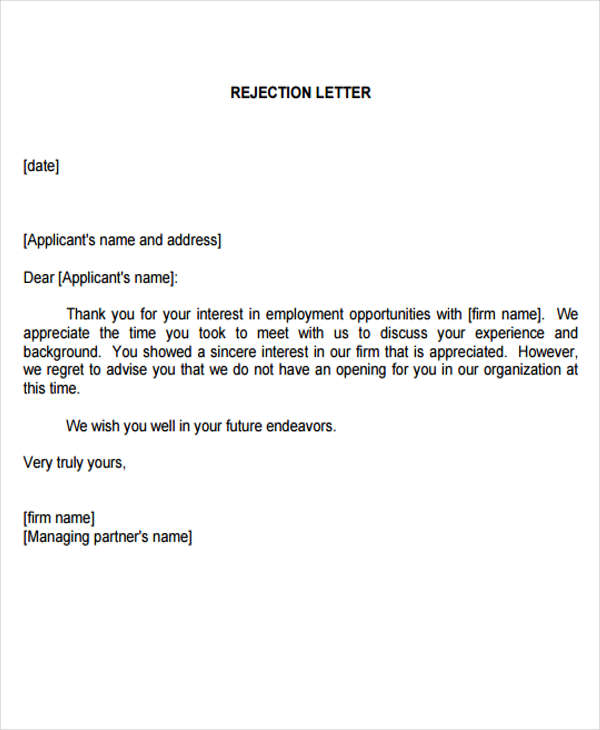 Employment Rejection Letters - 6+ Free Sample, Example Format Download