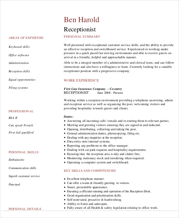 17+ Receptionist Curriculum Vitae Templates - PDF, DOC
