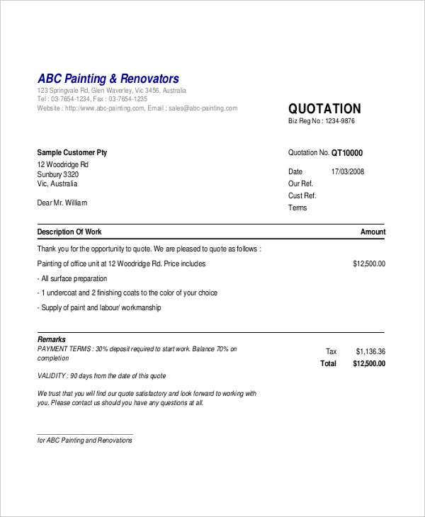 Renovation Quotation Sample The Document Template