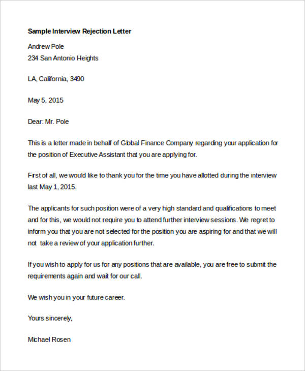 Sample Rejection Letter After Phone Interview The Document Template