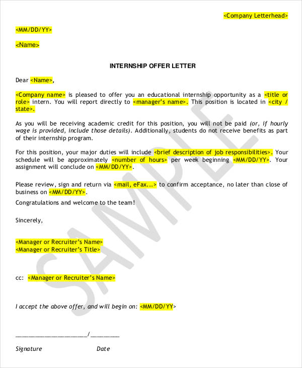10 Internship Appointment Letter Templates Free Sample Example 