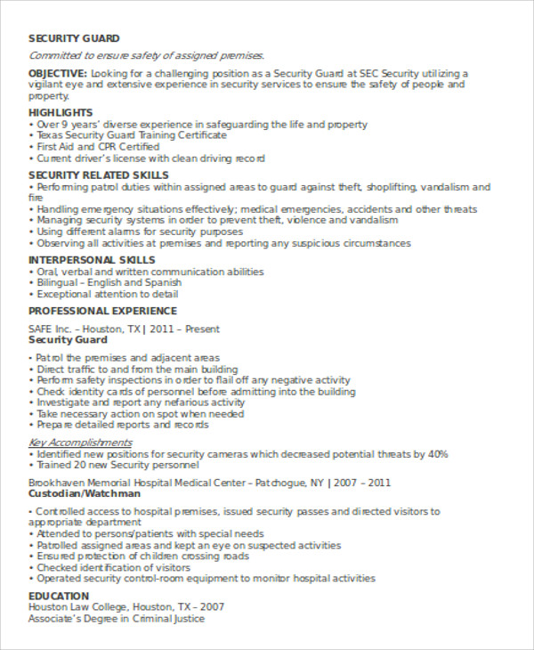 Security Guard Resumes - 16+ Word, PDF Format Download