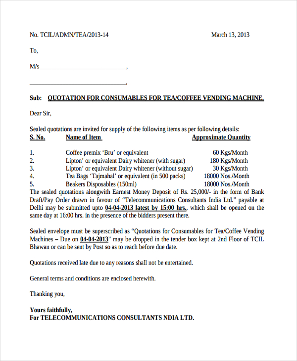 Sample Quotation Letter Format