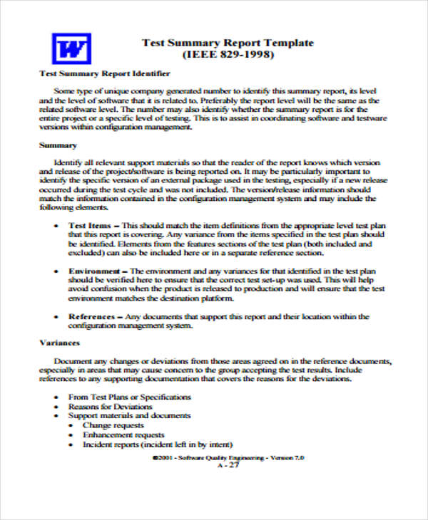 Test Summary Report Sample HQ Printable Documents