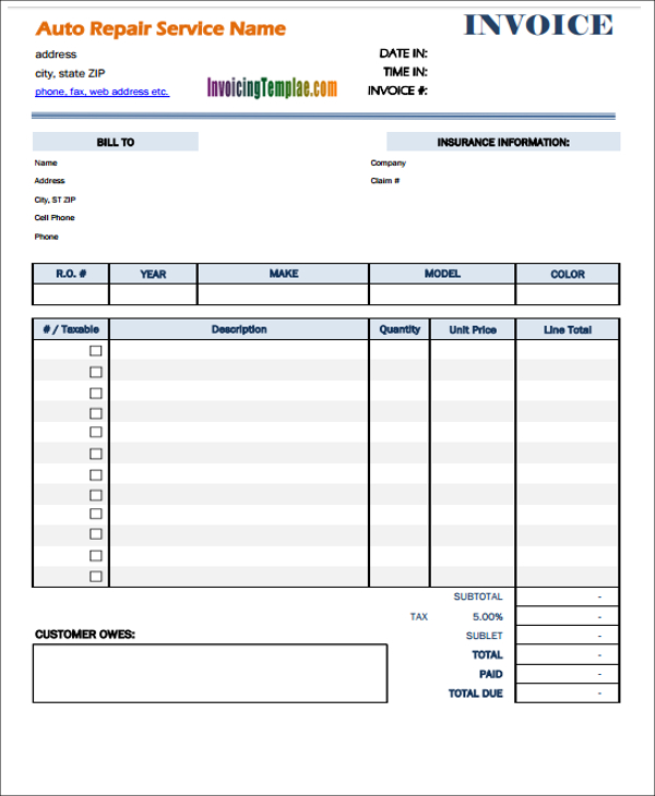 Auto Mechanic Receipt Template TUTORE ORG Master Of Documents