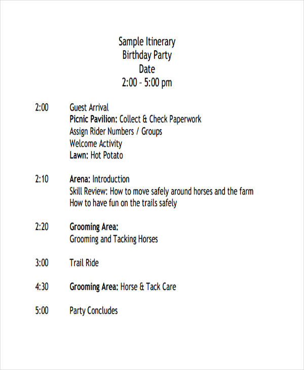 9 Party Itinerary Templates Free Sample Example Format Download