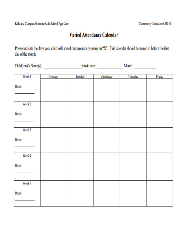 7+ Attendance Calendar Templates - Free Word, PDF Format Download