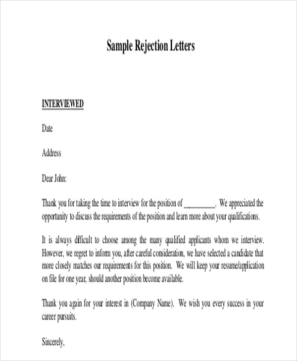 Job Rejection Letters 10 Free Word PDF Format Download