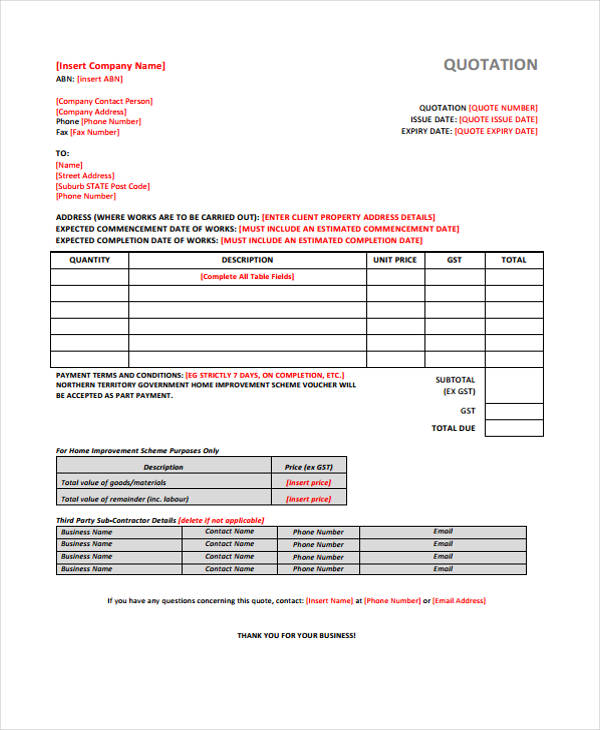 33+ FREE Construction Quotation Templates - AI, PSD, Google docs