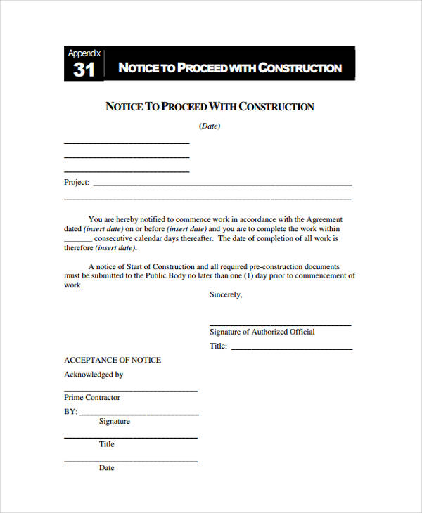 9 Notice To Proceed Templates Free Sample Example Format Download