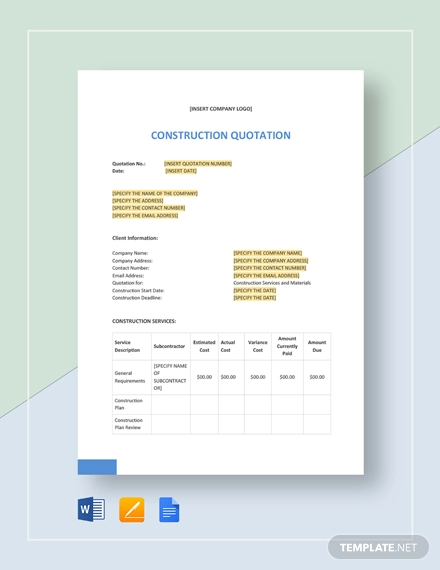 9+ FREE Construction Quotation Templates - PDF, Word, Apple Pages