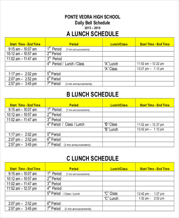 9 Lunch Schedule Templates Sample Examples