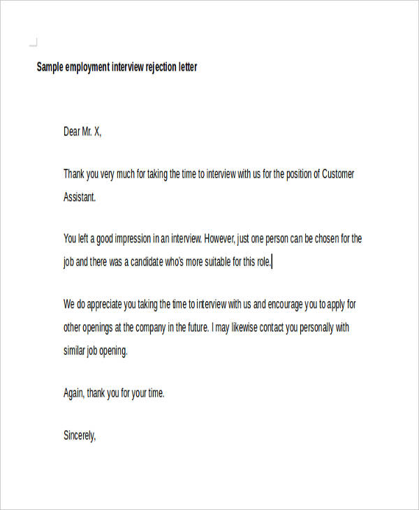 Interview Rejection Letters 7 Free Word PDF Format Download