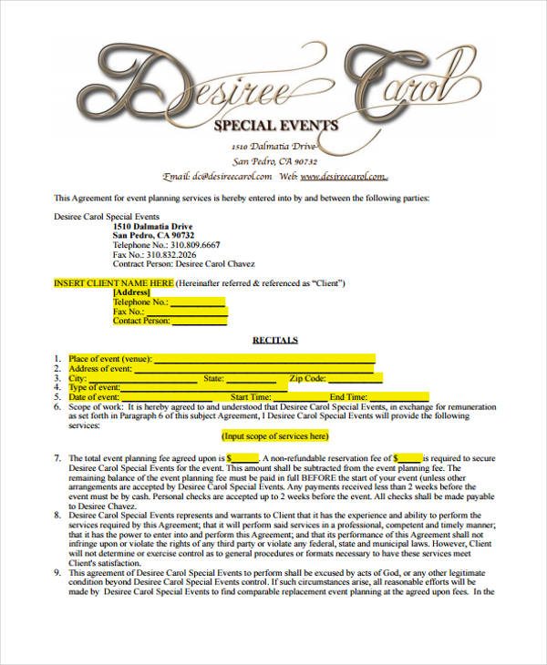 6 Planner Contract Templates Sample Word Google Docs Example 