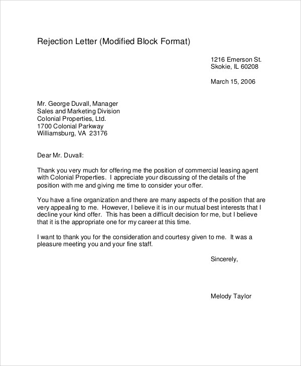 Job Rejection Letters 10 Free Word PDF Format Download